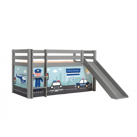 Halvhøj seng med rutsjebane – Pino grå med politi-forhæng